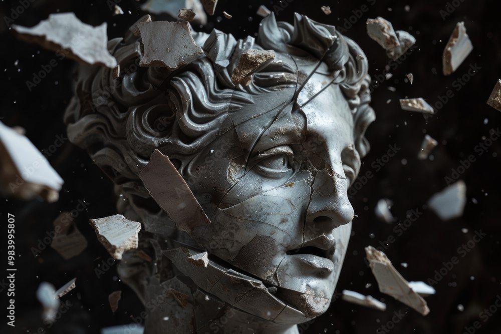 Marble statue with falling pieces. Roman cracked ancient head ...