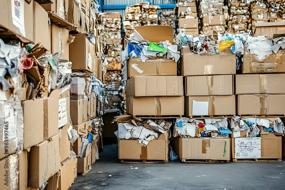 Stacked Cardboard Boxes And Paper Waste For Reprocessing Or Upcycling
