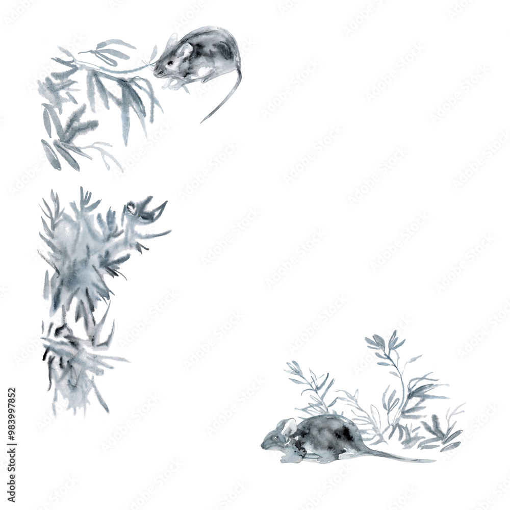 Mouse under a olive leaves. The frame is painted from olive branch and ...