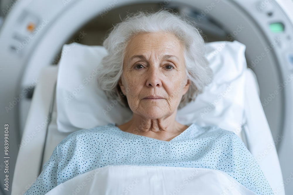Senior patient undergoing a bone density scan during a health checkup ...