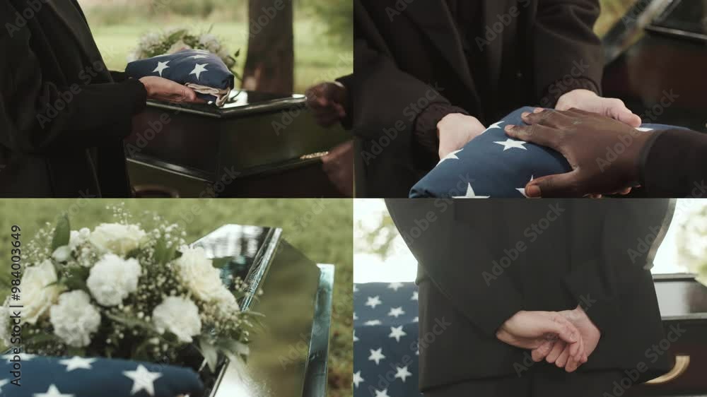 Split screen of military chaplain presenting US burial flag to widow of ...