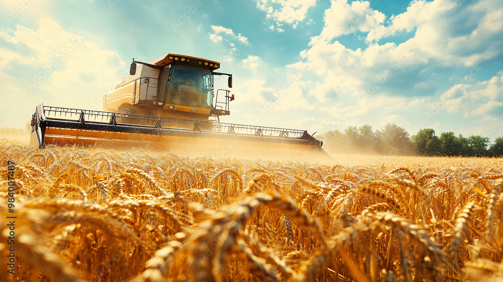 Wheat harvesting on field in summer season. modern harvesters with ...