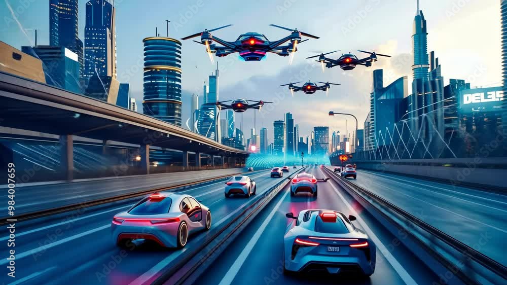 Autonomous vehicles driving on highway with delivery drones flying ...