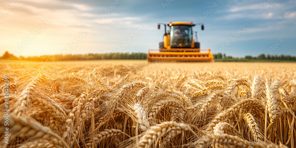Wheat harvesting on field in summer season. modern harvesters with ...