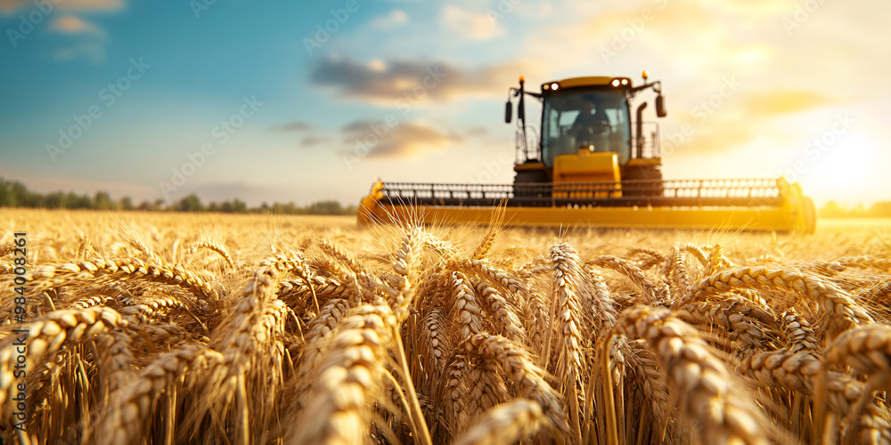 Wheat harvesting on field in summer season. modern harvesters with ...