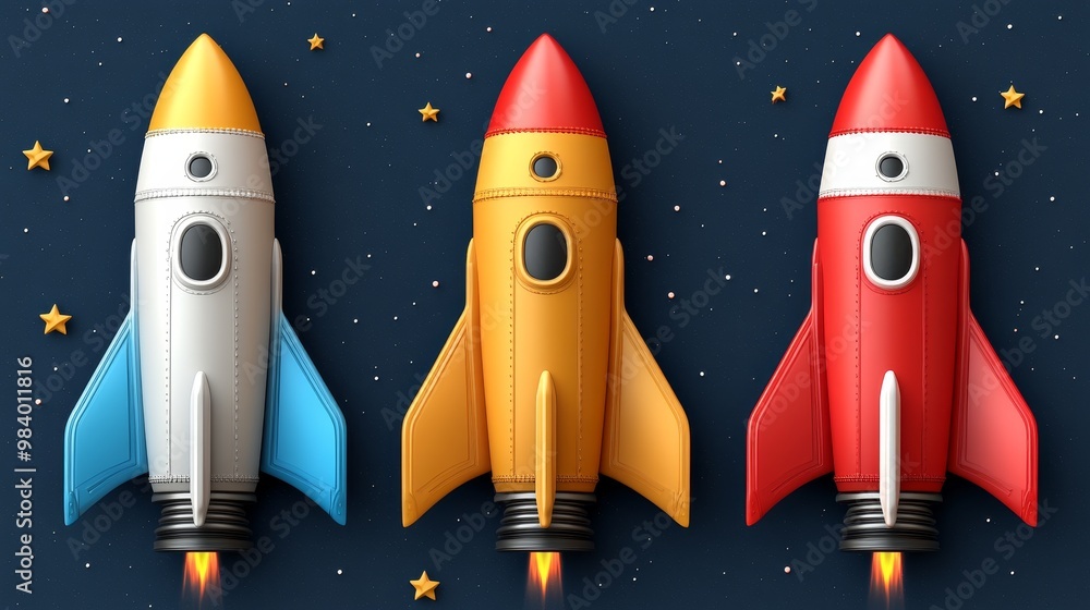 Three colorful rockets launch into a starry night sky, symbolizing ...