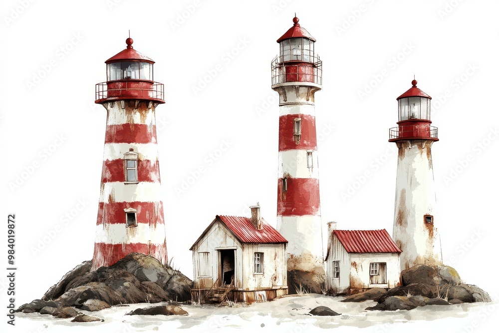 Design an image of three red and white striped lighthouses, each with ...
