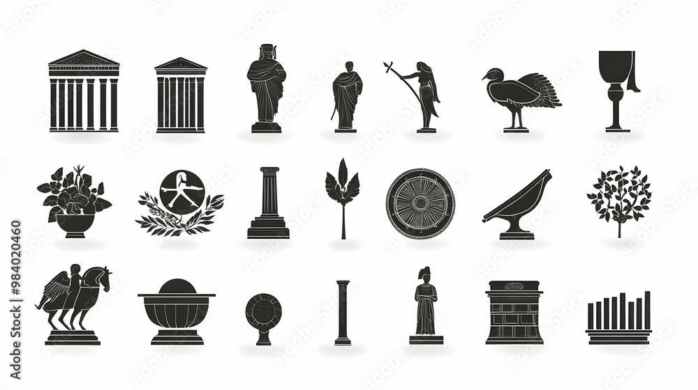 Collection of Black Silhouettes Depicting Ancient Greek Architecture ...