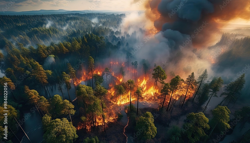 forest fire disaster. Heavy and thick smoke covers the sky and sunlight ...