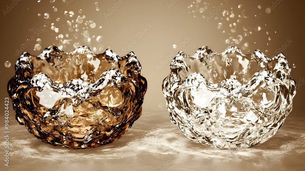 Two 3D Renderings of Water Droplets Forming Spherical Shapes with a ...