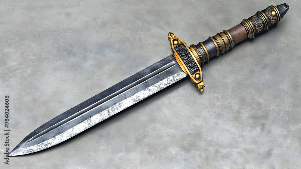 A Close-Up of a Medieval Dagger with a Golden Hilt and a Steel Blade ...