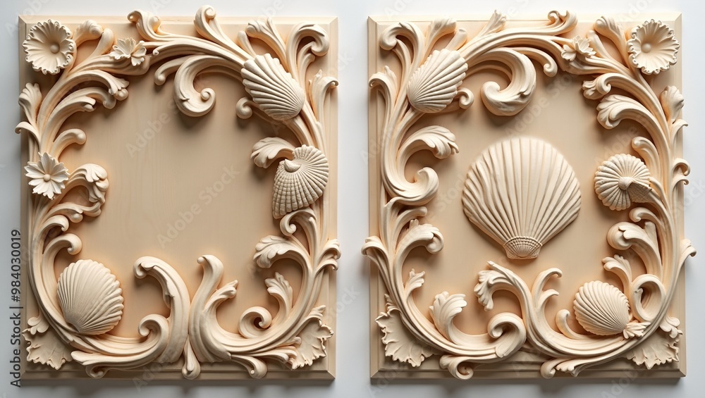 Intricate Rococo wood wall panels with seashells flowers and vines ...