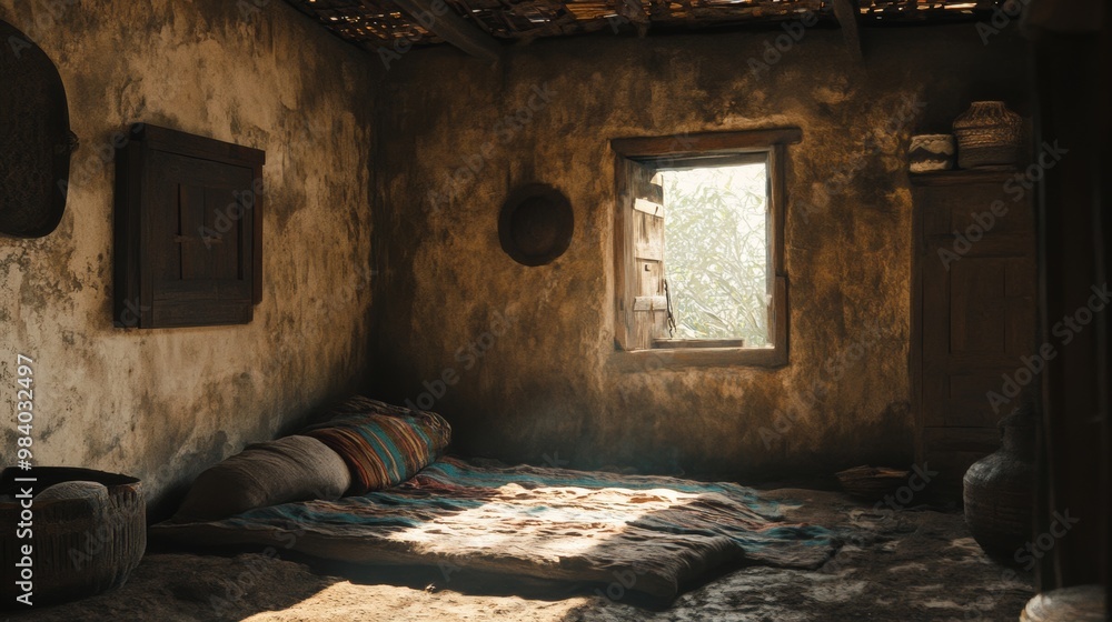 cinematic view of an old mud house interior with earthy-toned walls, a ...