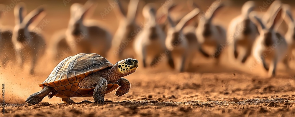 Turtle leading a pack of rabbits in a dusty race, highlighting speed ...