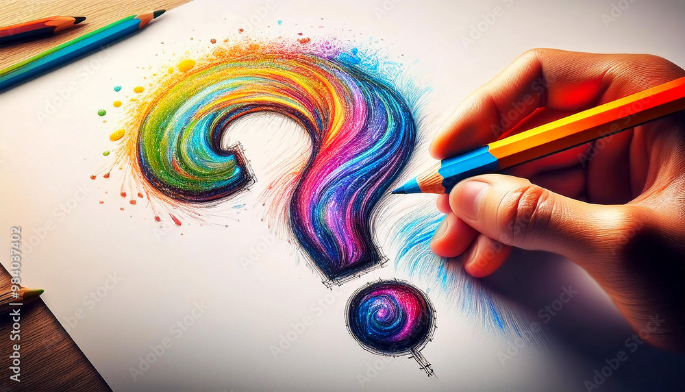 Extreme close-up of a hand holding a crayon and drawing a multi colored ...