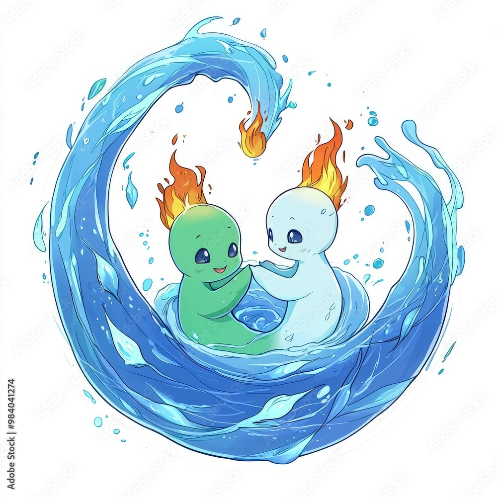 Water and Fire Spirits Dancing in a Heart Shaped Wave Stock ...