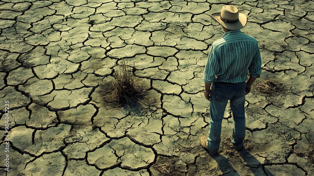 A scene of parched farmland with wilted crops and dry irrigation ...