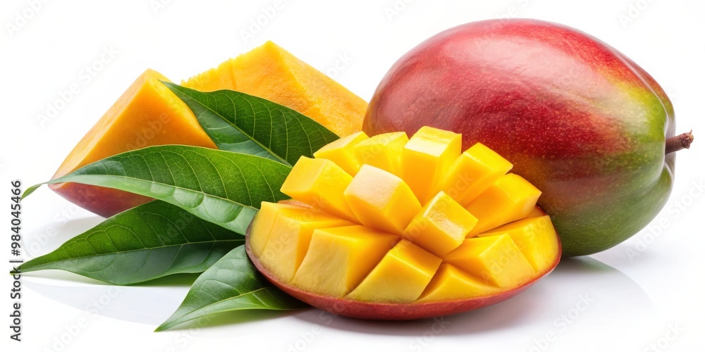 Vibrant Composition of Mango Fruit A Whole Red-Yellow Mango with Sliced ...