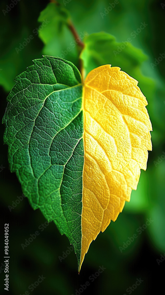 lose-up of a single leaf divided in color. The left side is vibrant ...