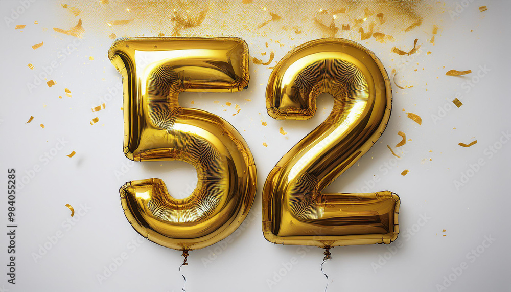 Gold birthday / anniversary balloon, number 52, white background with ...