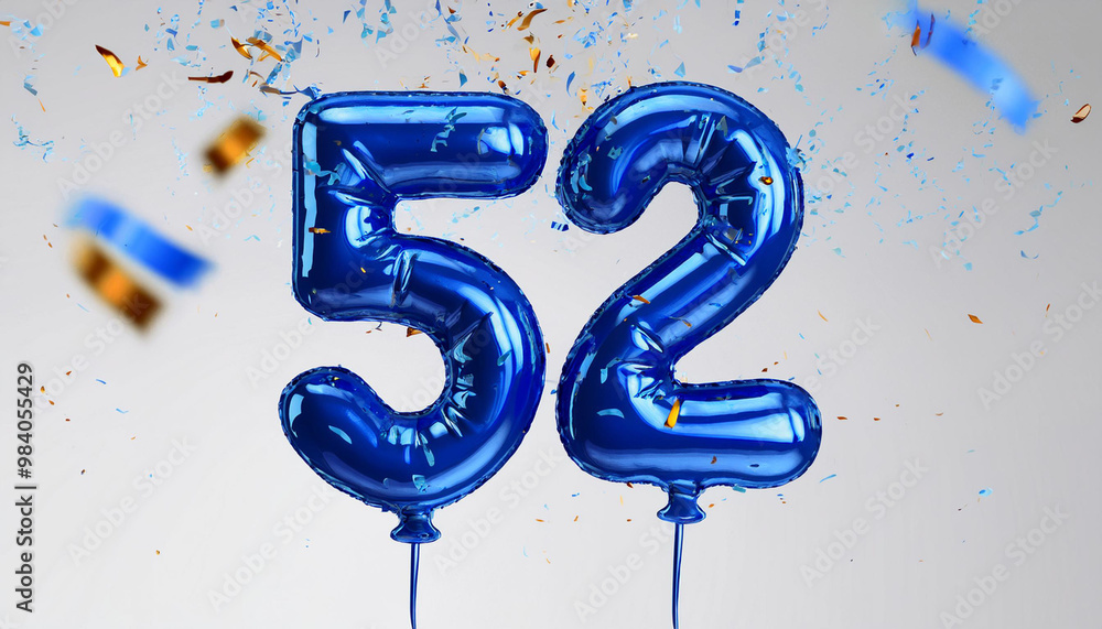 Blue birthday / anniversary balloon, number 52, white background with ...