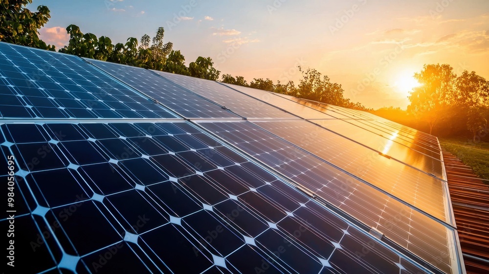 Solar farm with panels reflecting sunlight, renewable energy, eco ...