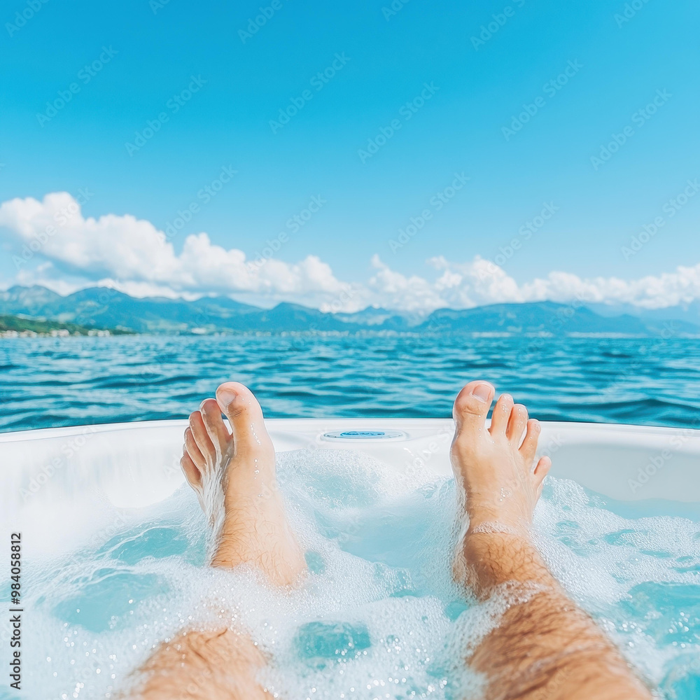 Enjoy a serene moment as bare feet playfully kick bubbles in an outdoor ...