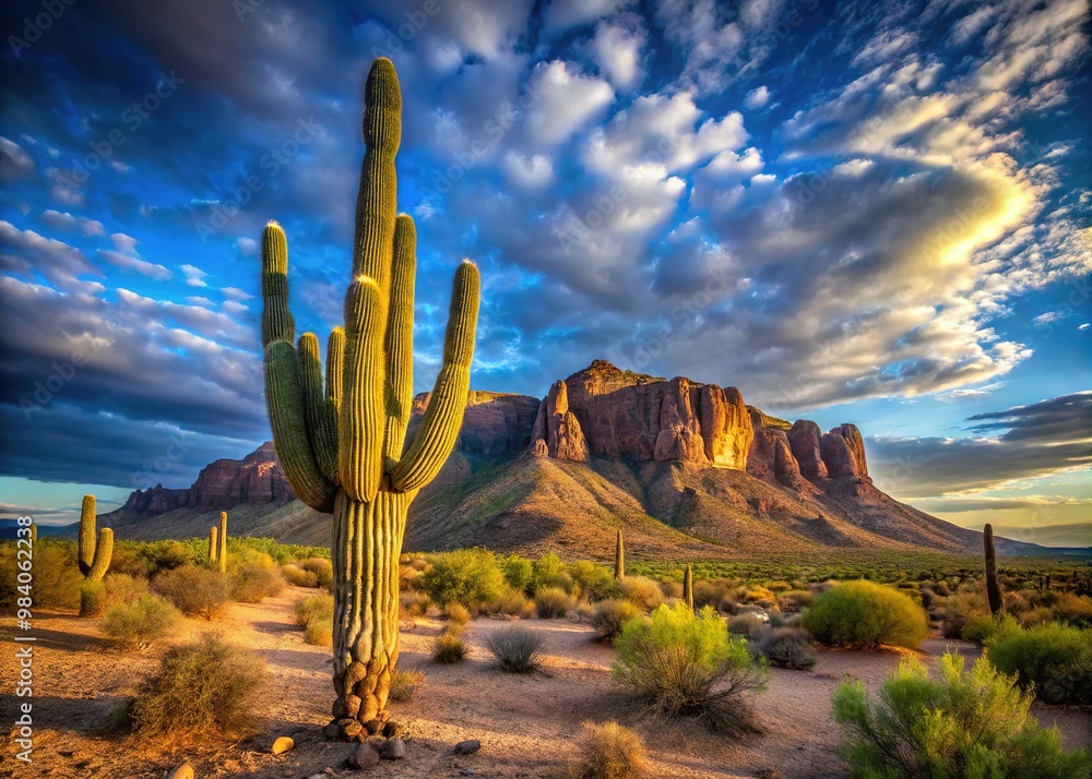 A vibrant, iconic saguaro cactus stands tall amidst a desert landscape ...