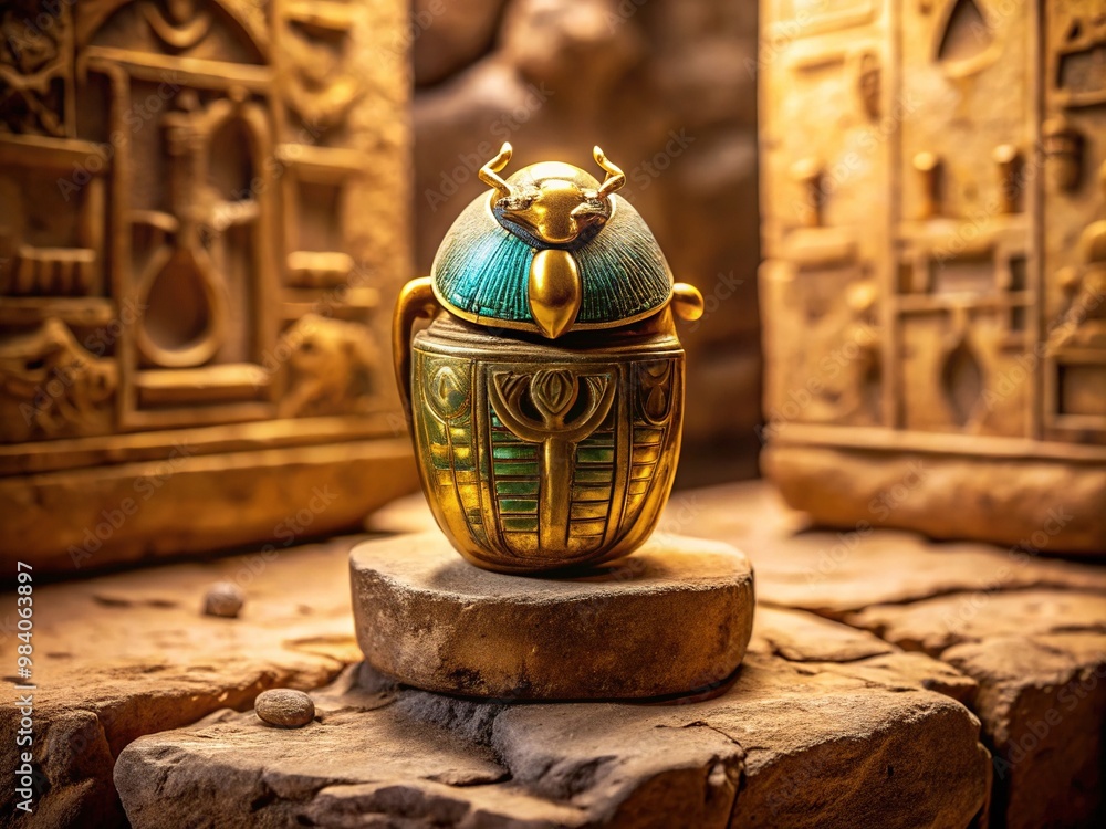 Ancient Egyptian symbol of rebirth, a gleaming gold scarab beetle ...