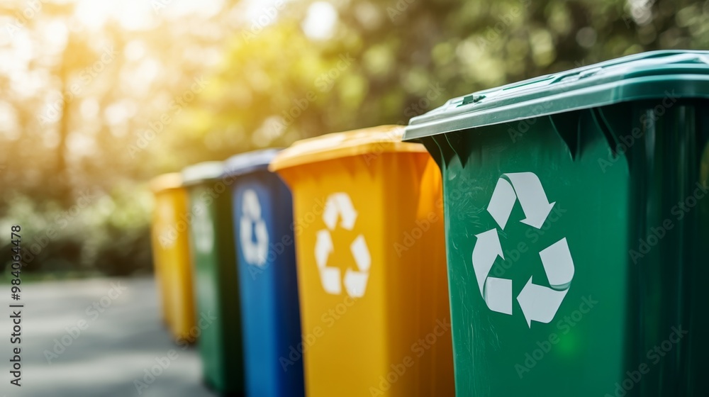 recycling bins color-coded and marked with recycling symbols telephoto ...