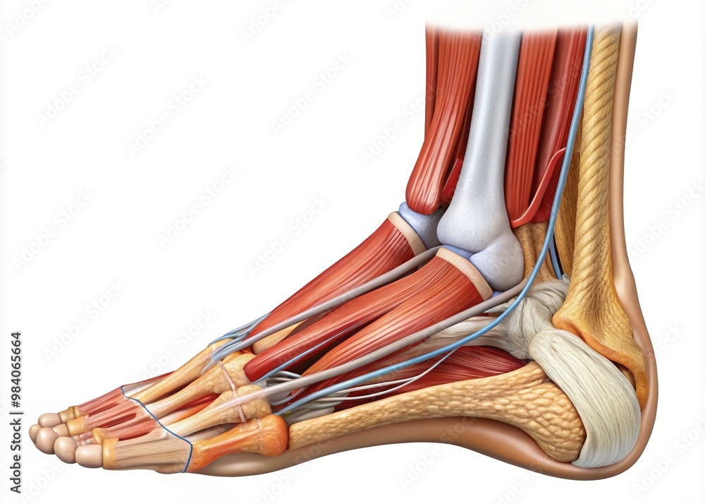 Detailed anatomical illustration of the human ankle showing lateral ...