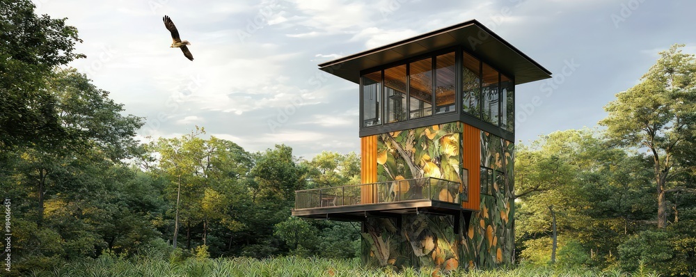 A wildlife observation tower with camouflaged James Hardie siding, set ...