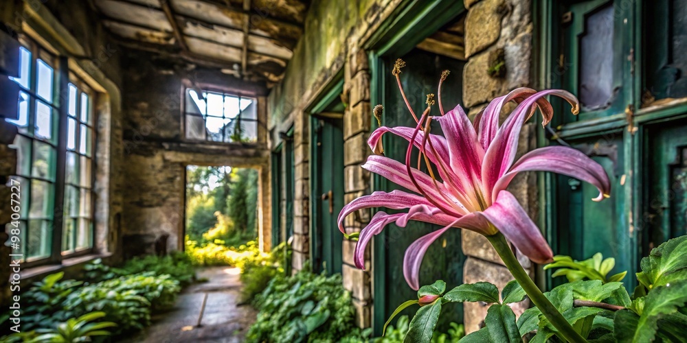 In the abandoned attic, a withered Nerine blooms amidst tangled ivy ...