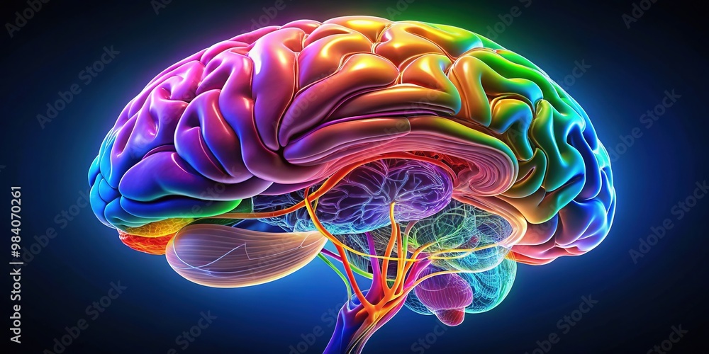 Vibrant 3D illustration of the human brain's internal structure ...