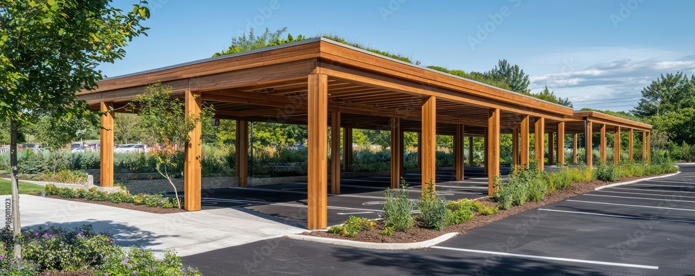 An innovative wooden parking lot with covered spaces and green roofs ...