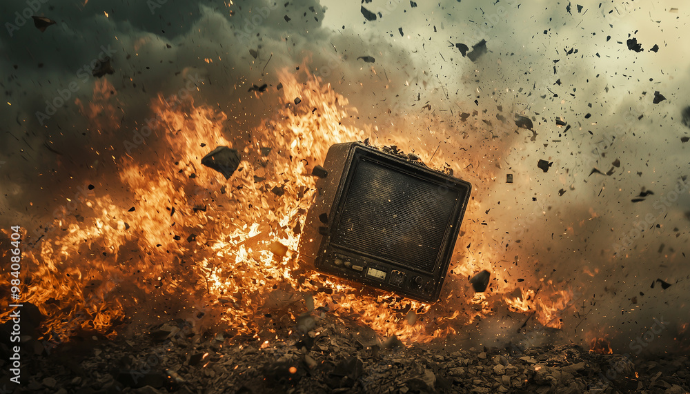 An exploding old TV set in retro style, surrounded by puffs of smoke ...