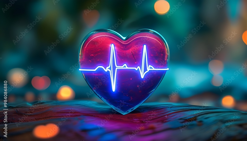 Glowing heart symbol intertwined with a blue heartbeat line ...
