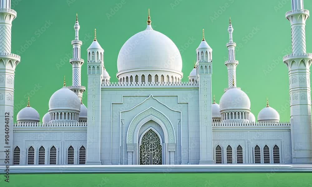 Majestic white mosque with domes and minarets green screen background ...