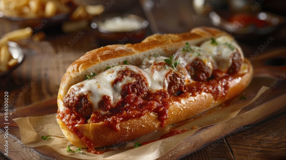 Loaded meatball sub with melted mozzarella and marinara Stock ...