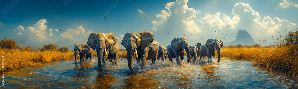 African Elephant Herd Crossing a River: A majestic herd of African elephants cross a shallow ...