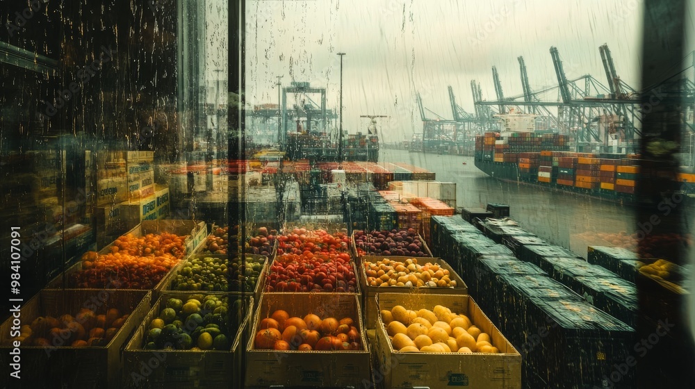 A double exposure photograph depicting fruits and vegetables in boxes ...