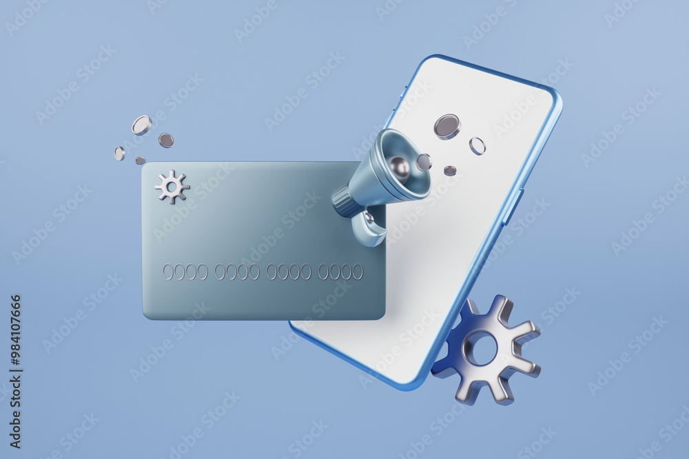3D illustration of a mobile phone with a blank screen floating in mid ...