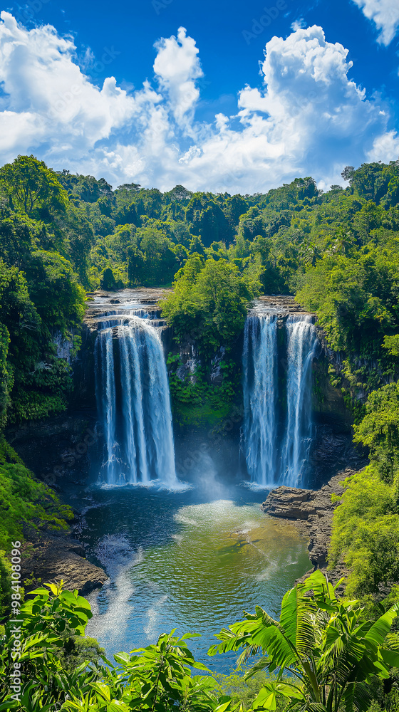 Waterfall on the plateau, with twin waterfalls flowing into a clear ...