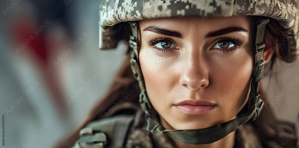 A close-up portrait of a female soldier showing determination against a ...