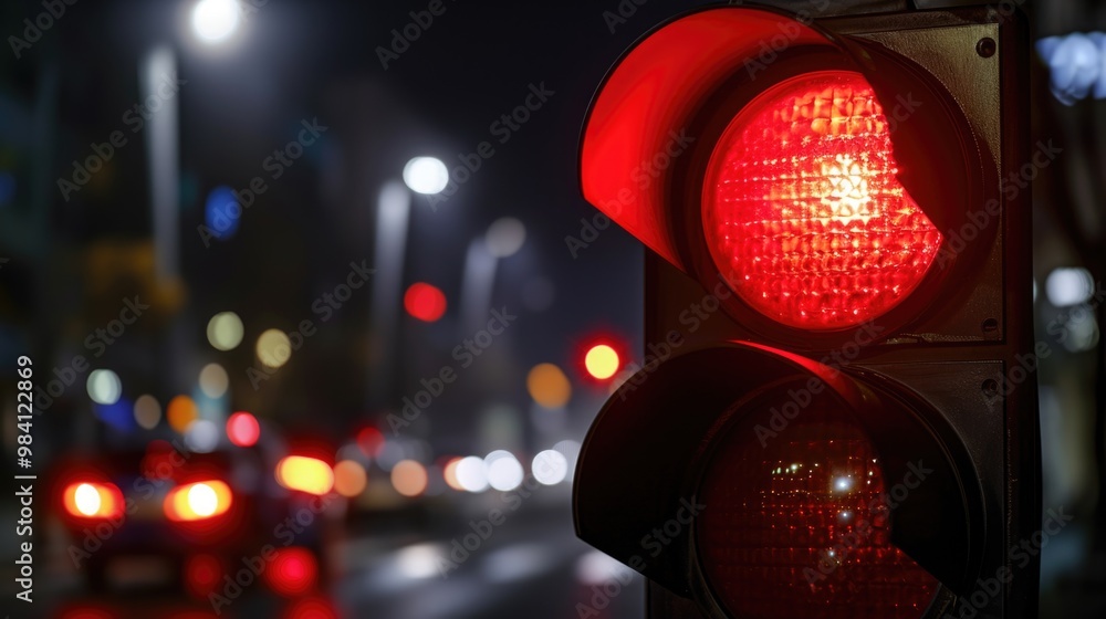 Red stop light glowing on a city street at night, signifying halt for ...