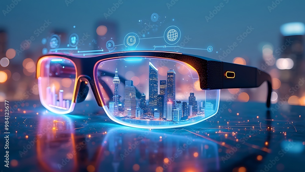 Augmented reality (AR) glasses displaying a vibrant cityscape overlay ...