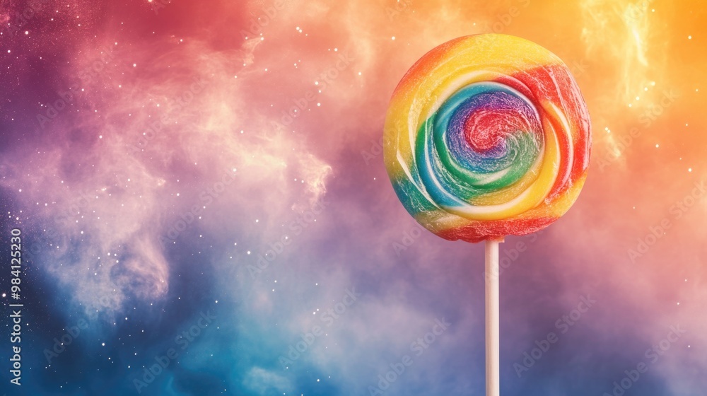 Gum drop on a stick against a vibrant cosmic background with neon ...