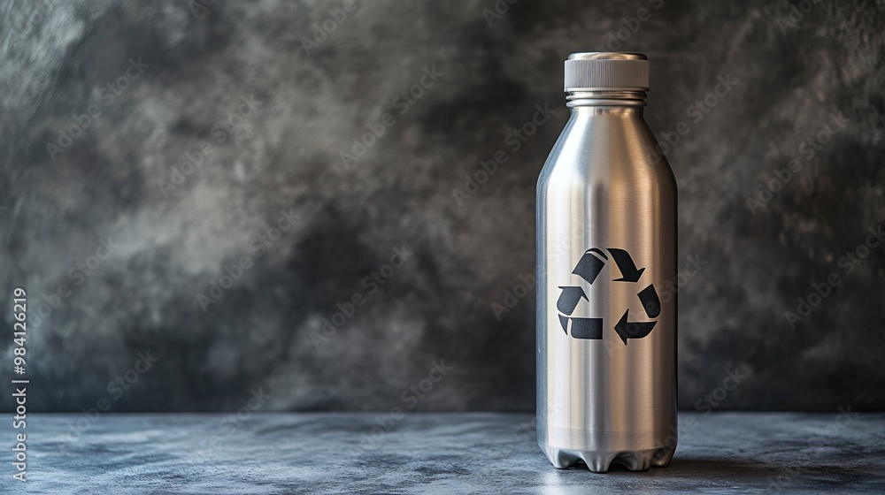 A sleek aluminum water bottle with a recycle symbol stamped into the ...