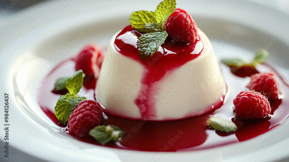 A visual of a gourmet panna cotta with a raspberry coulis and fresh ...