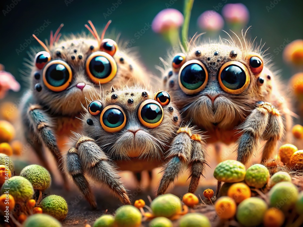 Tiny spiders with enormous eyes and fuzzy bodies wobble across delicate ...